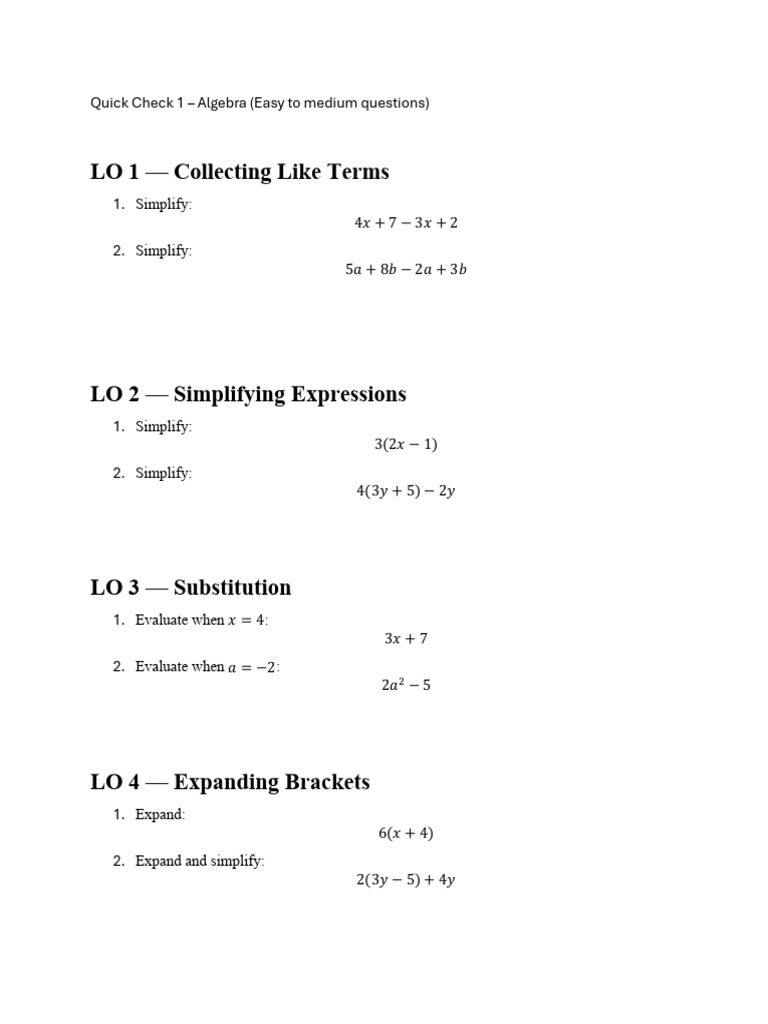 Algebra Quick Check: Simplifying & Solving | PDF