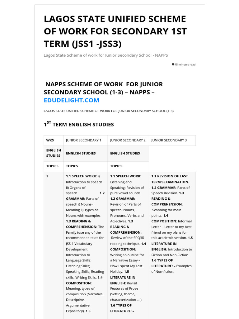 Lagos State Scheme of Work Secondary 1ˢᵗ Term j1-j3 | PDF | English ...