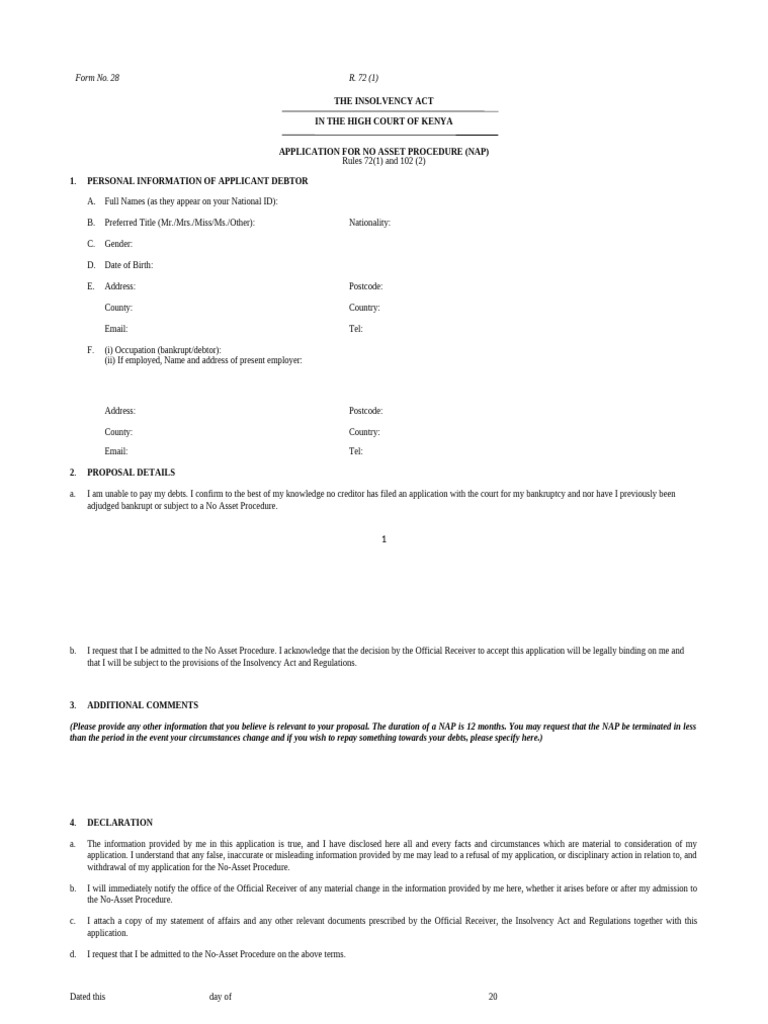 Application for No Asset Procedure | PDF | Bankruptcy | Debt