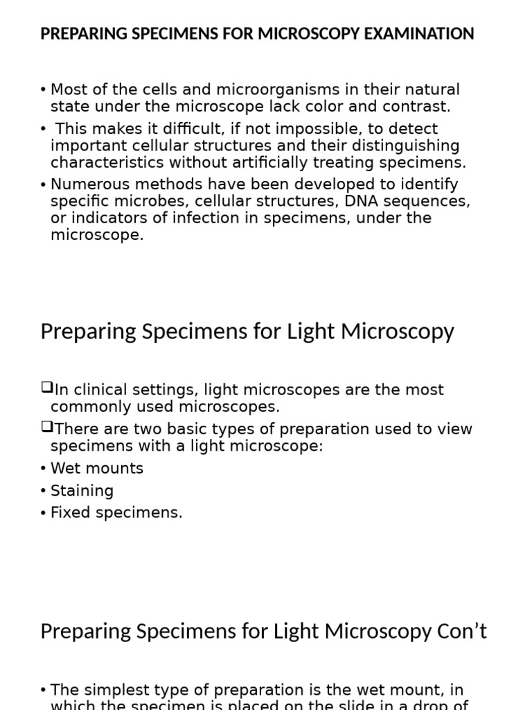 Specimen Preparation for Microscopy | PDF | Staining | Fixation (Histology)