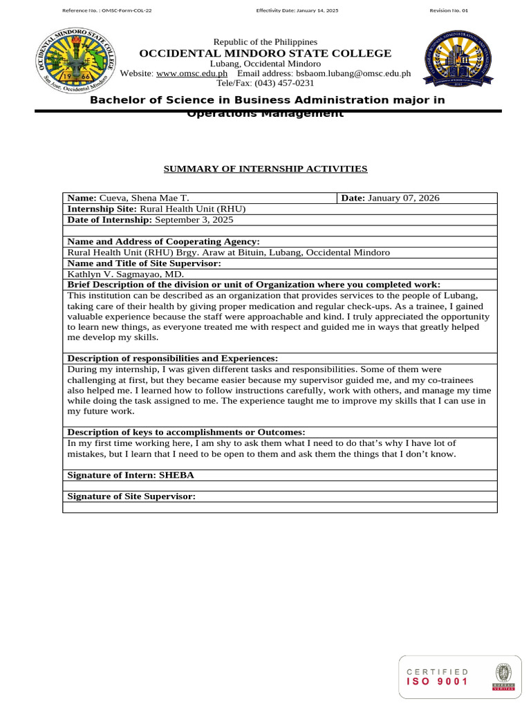 Internship Summary: Operations Management | PDF