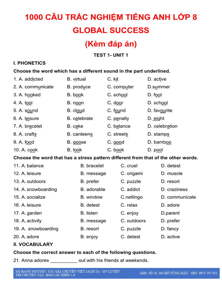 g8 1000 Câu Trắc Nghiệm Theo Unit | PDF | Cost Of Living | Hobbies