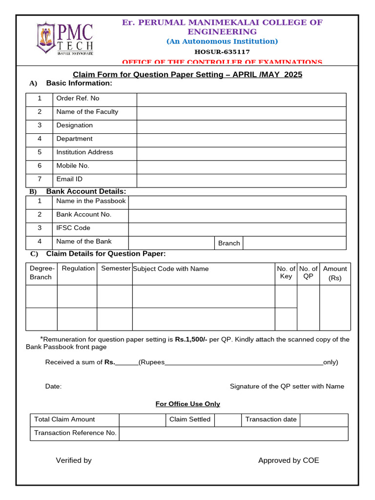 Claim Form for Question Paper Setting | PDF