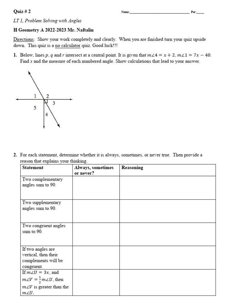 Geometry Quiz on Angles and Problem Solving | PDF