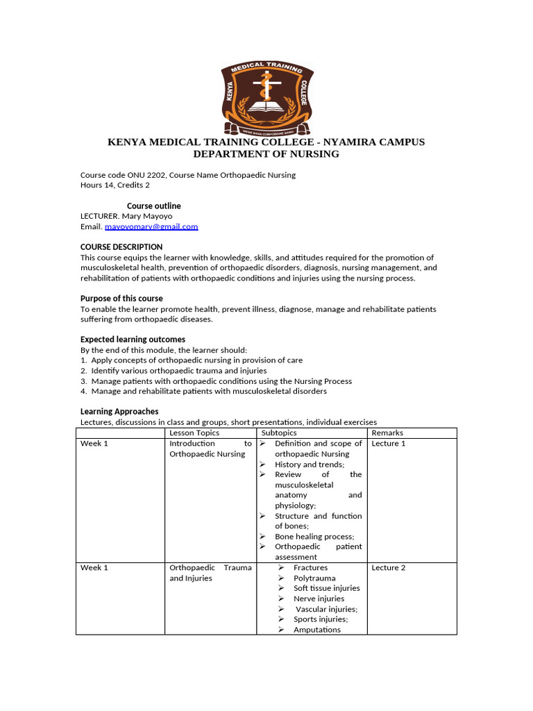 Orthopaedic Nursing Course Outline | PDF | Orthopedic Surgery ...
