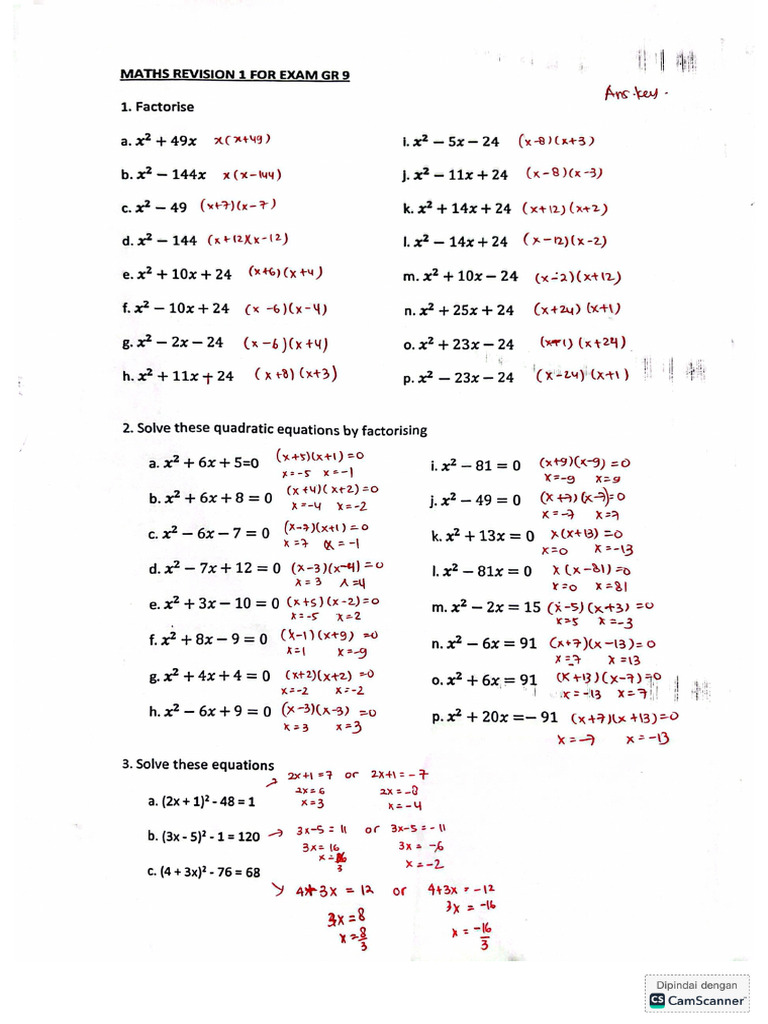 Maths Gr 9 Rev 1,2,3 Ans Key | PDF