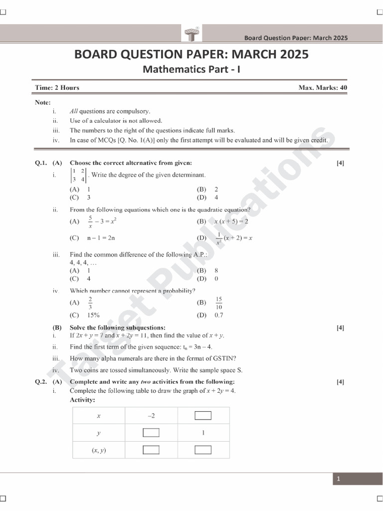 Math 1 pyqs | PDF | Multiple Choice | Quadratic Equation