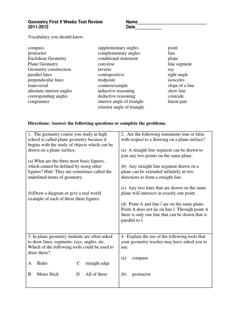 Geometry First 9 Weeks Test Review 1 2011 | PDF | Line (Geometry ...