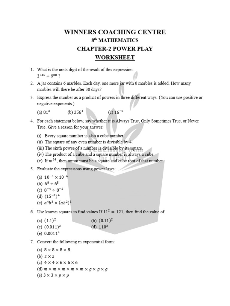 8th Grade Math Worksheet on Powers | PDF | Numbers | Arithmetic