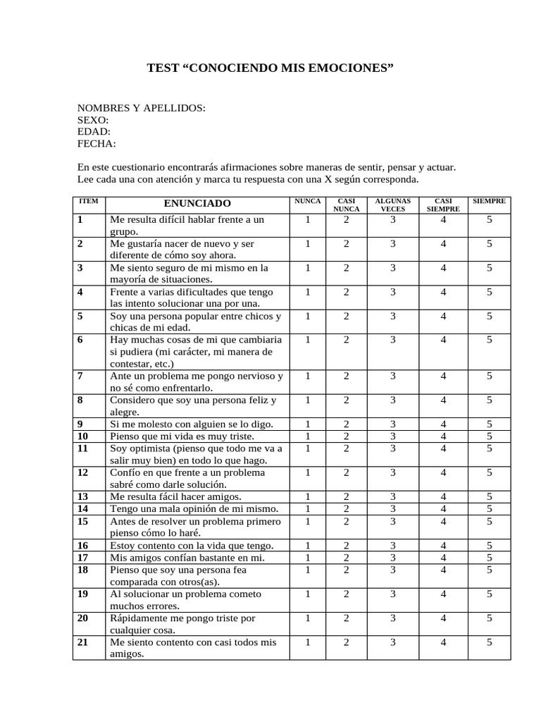Test Conociendo Mis Emociones | PDF