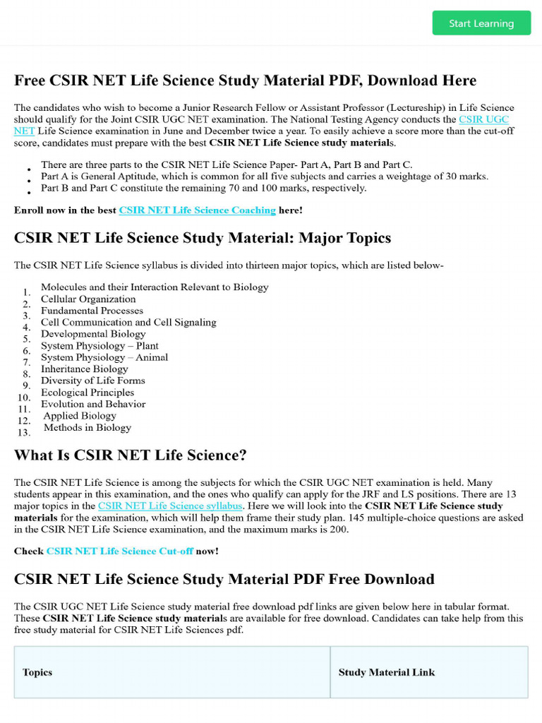 CSIR NET Life Science Study Material - Testbook | PDF