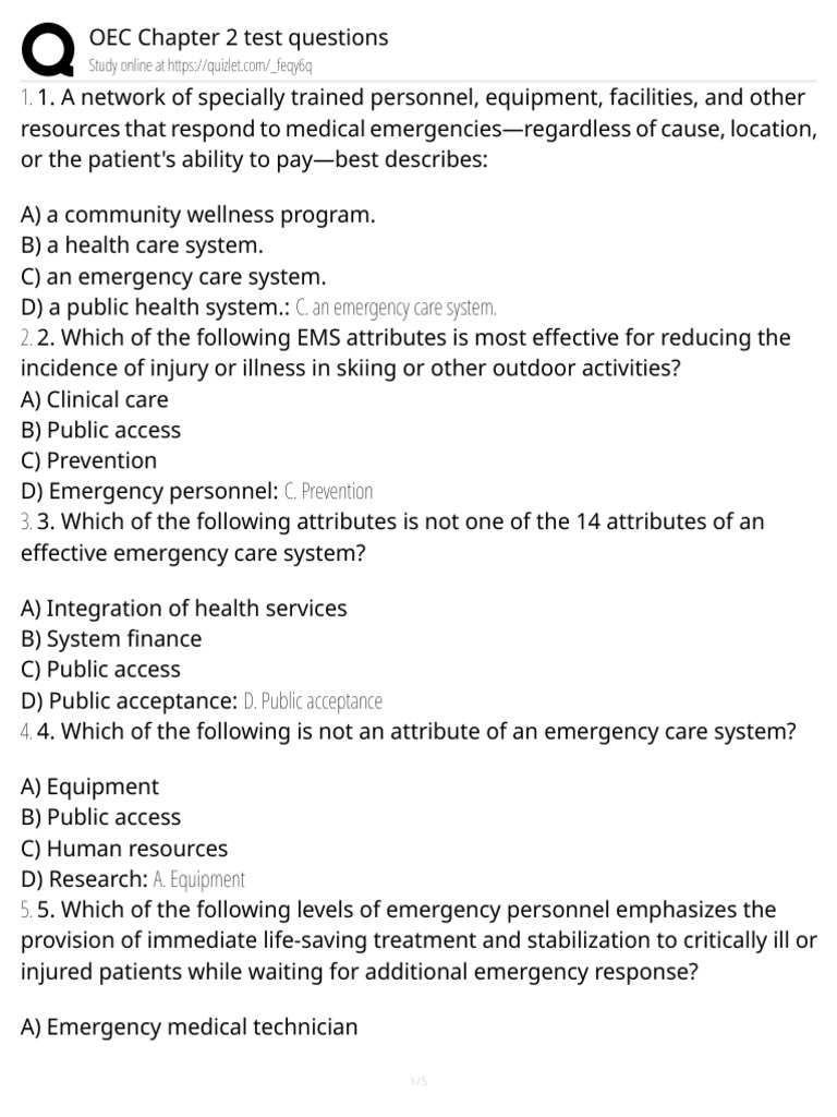 OEC Chapter 2 Emergency Care Quiz | PDF | Emergency Medical Technician ...