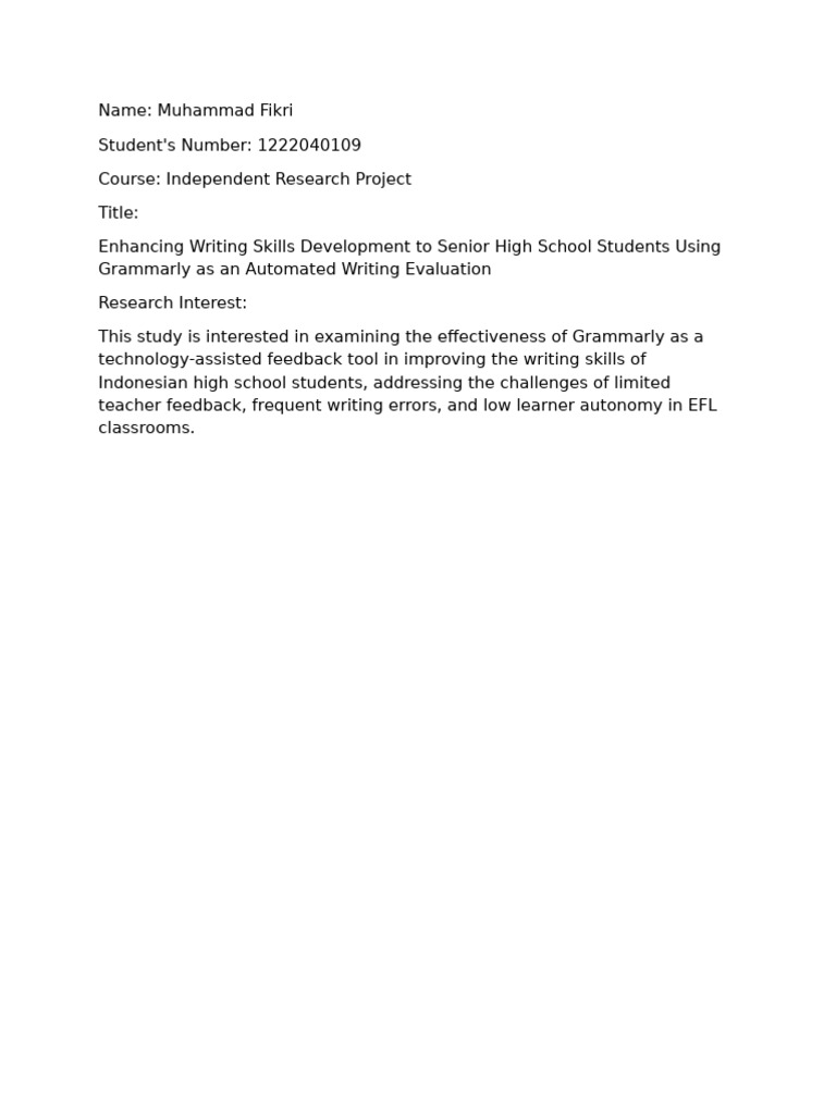 Muhammad Fikri 7C_Research Interest and Title | PDF
