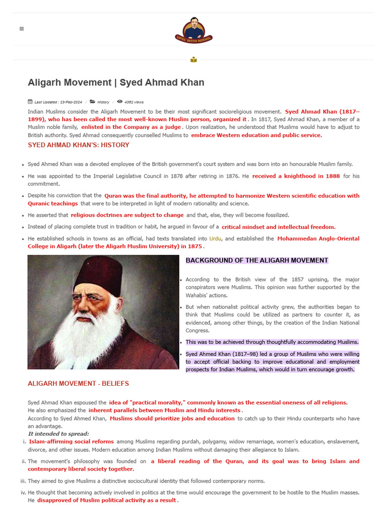 Aligarh Movement: Syed Ahmad Khan's Reforms | PDF