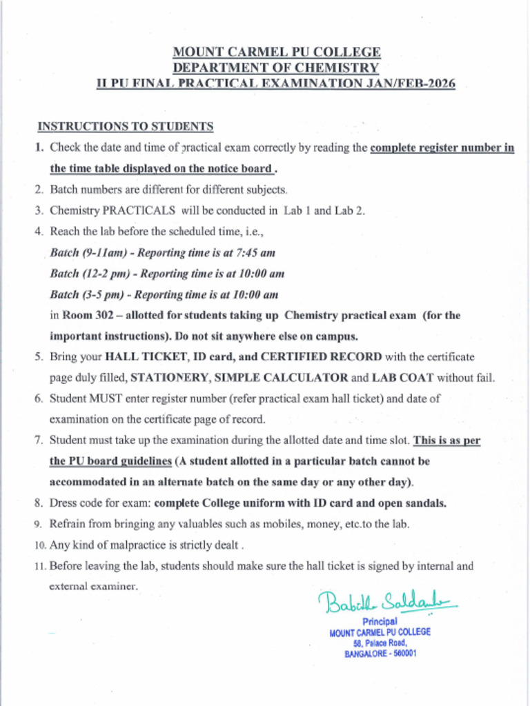 Chemistry Time Table For II Pu Practical Exam | PDF