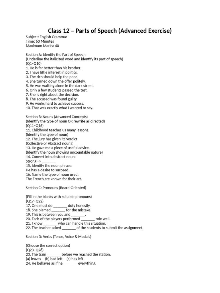 Advanced Parts of Speech Exercise for Class 12 | PDF | Adverb | Verb