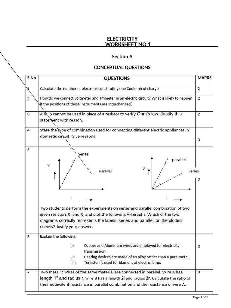 Electricity Worksheet: Concepts & Problems | PDF | Series And Parallel ...
