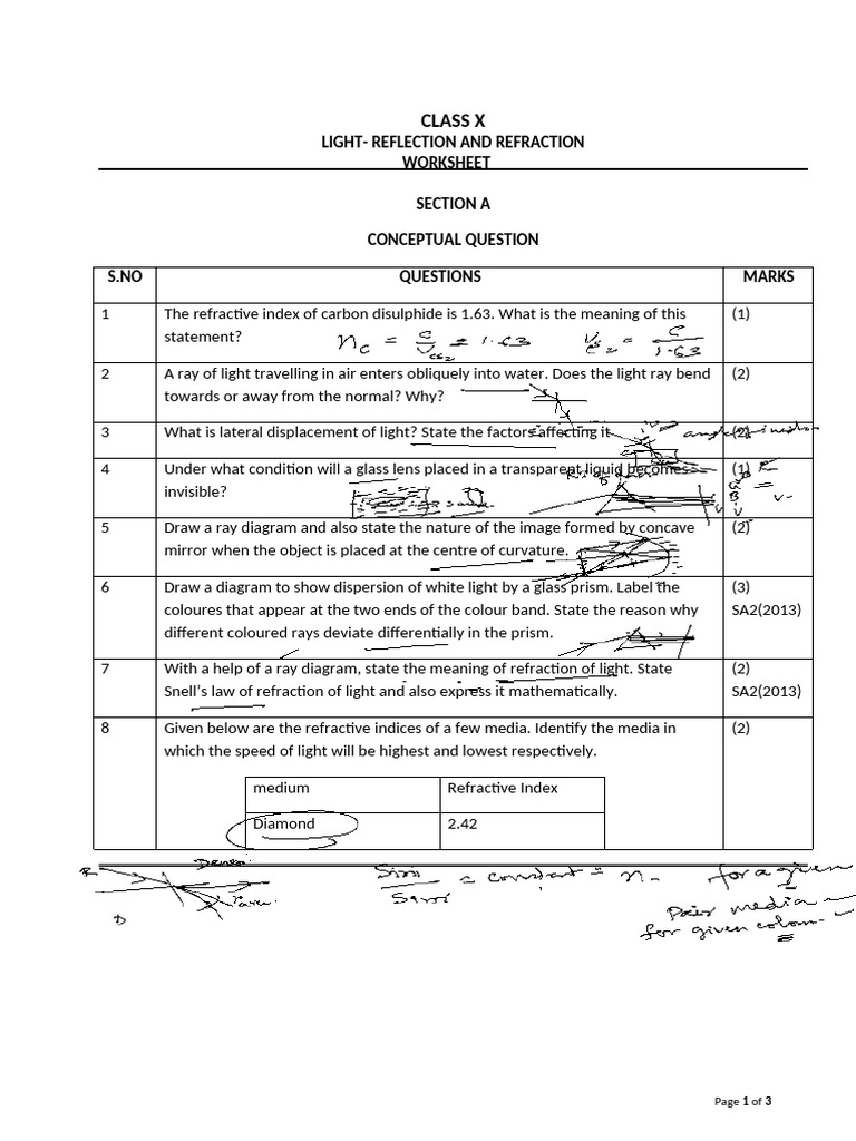 Class X Light Reflection & Refraction Worksheet | PDF | Refraction ...
