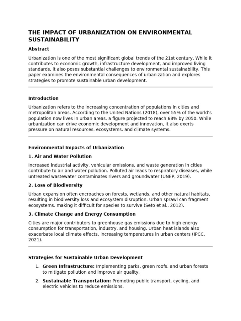 THE IMPACT OF URBANIZATION ON ENVIRONMENTAL SUSTAINABILITY | PDF ...