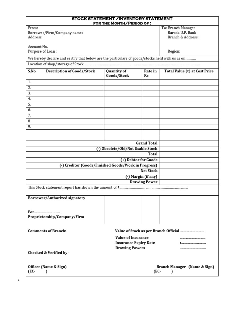 Monthly Stock and Inventory Statement | PDF