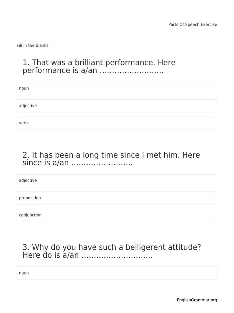 Parts of Speech Fill-in-the-Blank Exercise | PDF | Part Of Speech | Verb