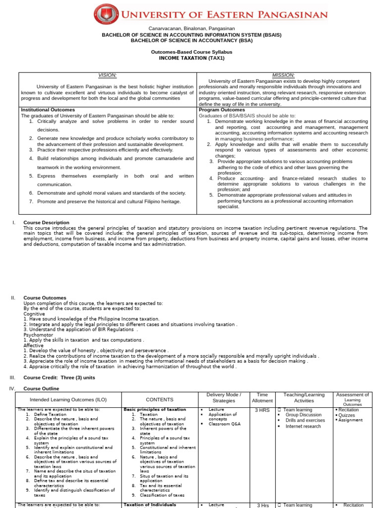 Income-Taxation OBE Syllabus | PDF | Tax Deduction | Gross Income