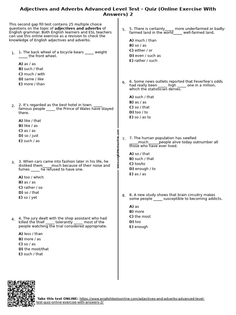 340 Adjectives and Adverbs Advanced Level Test Quiz Online Exercise ...