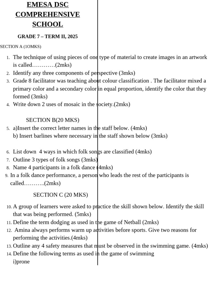 Grade 7 Term II Art and Sports Exam 2025 | PDF
