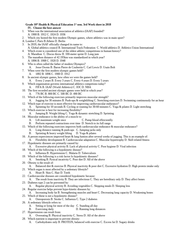 Grade 10th HPE Worksheet 3rd 2018 | PDF | Physical Fitness | Hypertension