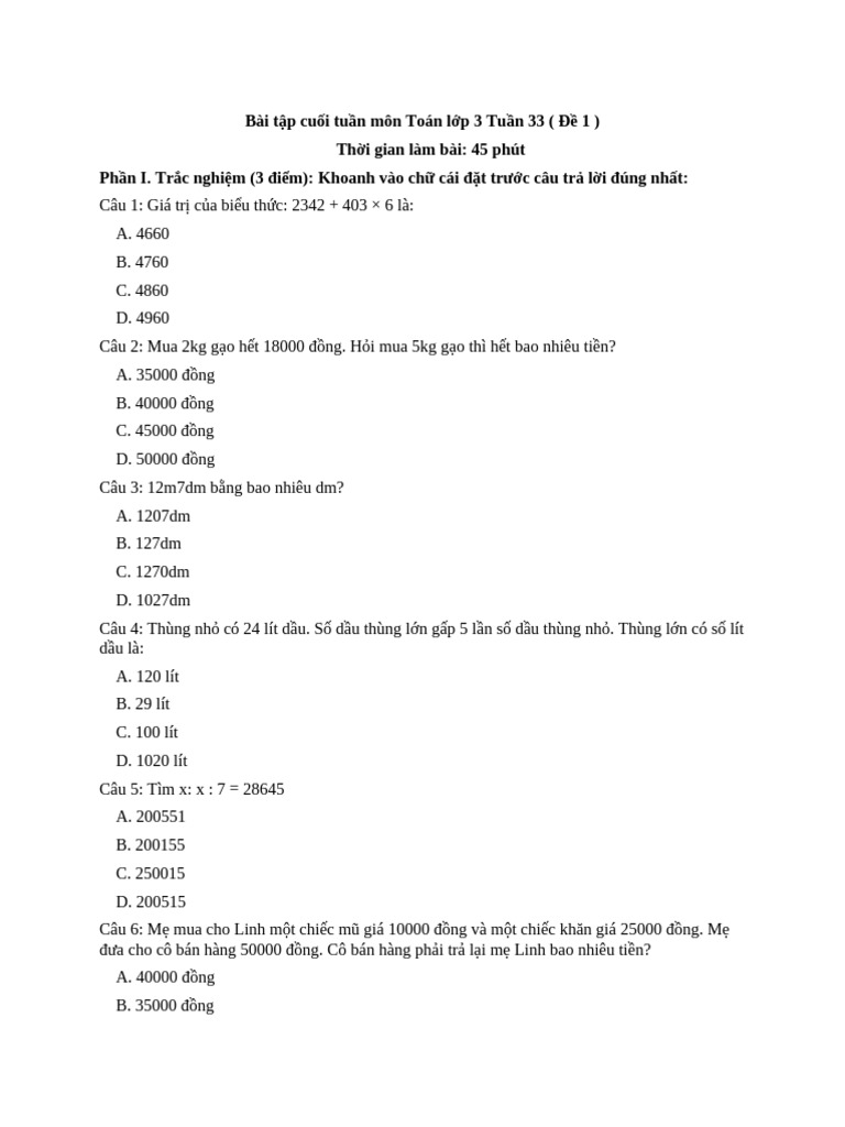 Bai Tap Cuoi Tuan Toan Lop 3 Tuan 33 Co Dap An Pdf