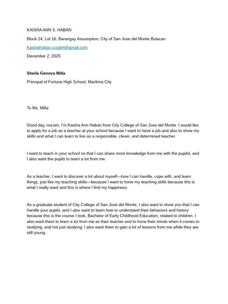 Teacher Job Application by Kaisha Haban | PDF