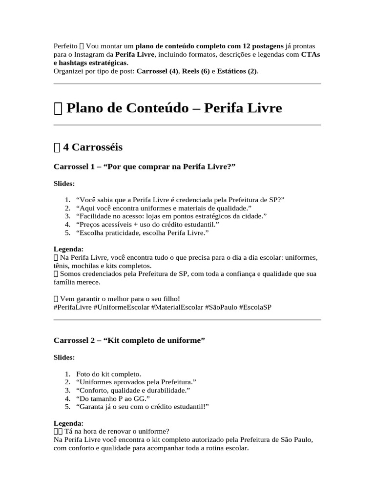 Plano de Conteúdo Instagram Perifa Livre | PDF