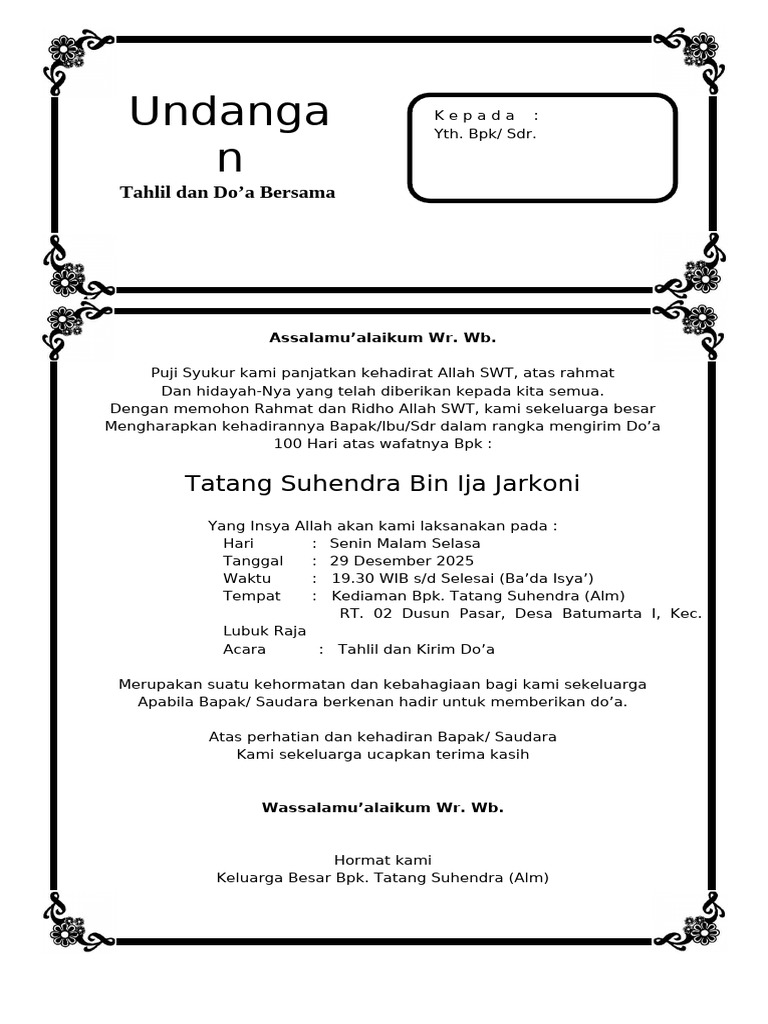 Tahlil 100 Hari untuk Bpk. Tatang Suhendra | PDF