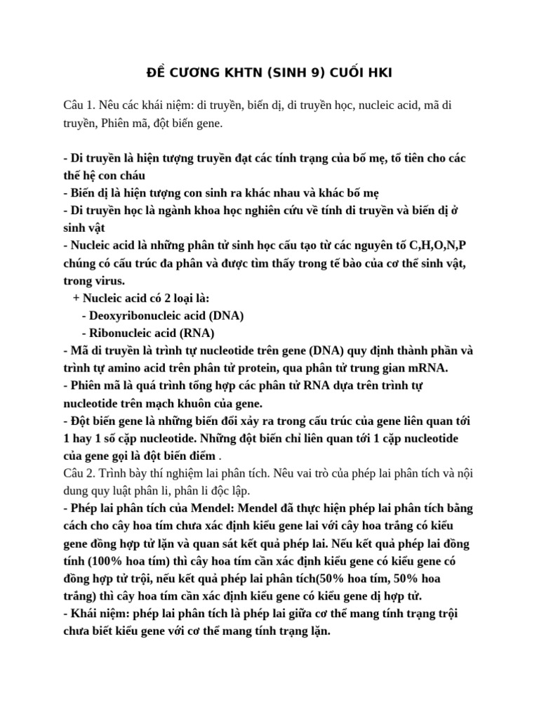 Đáp Án de Cuong Khtn Sinh 9 | PDF