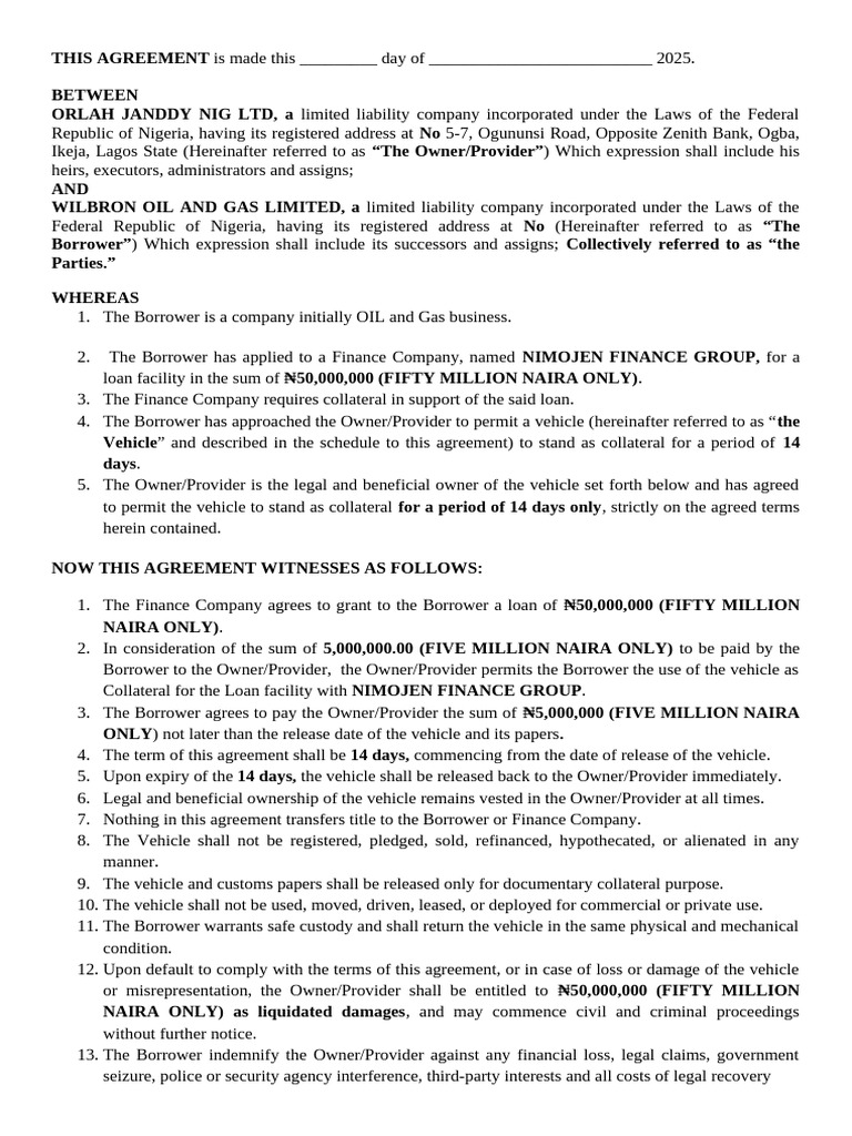 Vehicle Collateral Agreement 1 | PDF | Private Law | Common Law