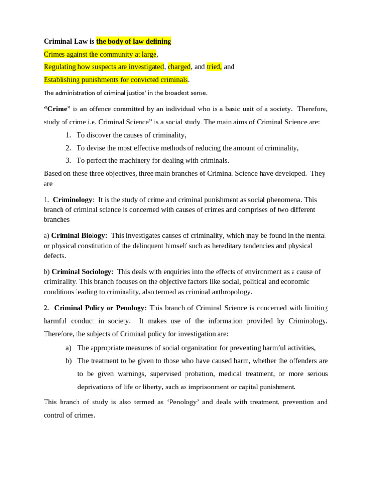 Criminal Law is the Body of Law Defining Crimes Against the Community ...