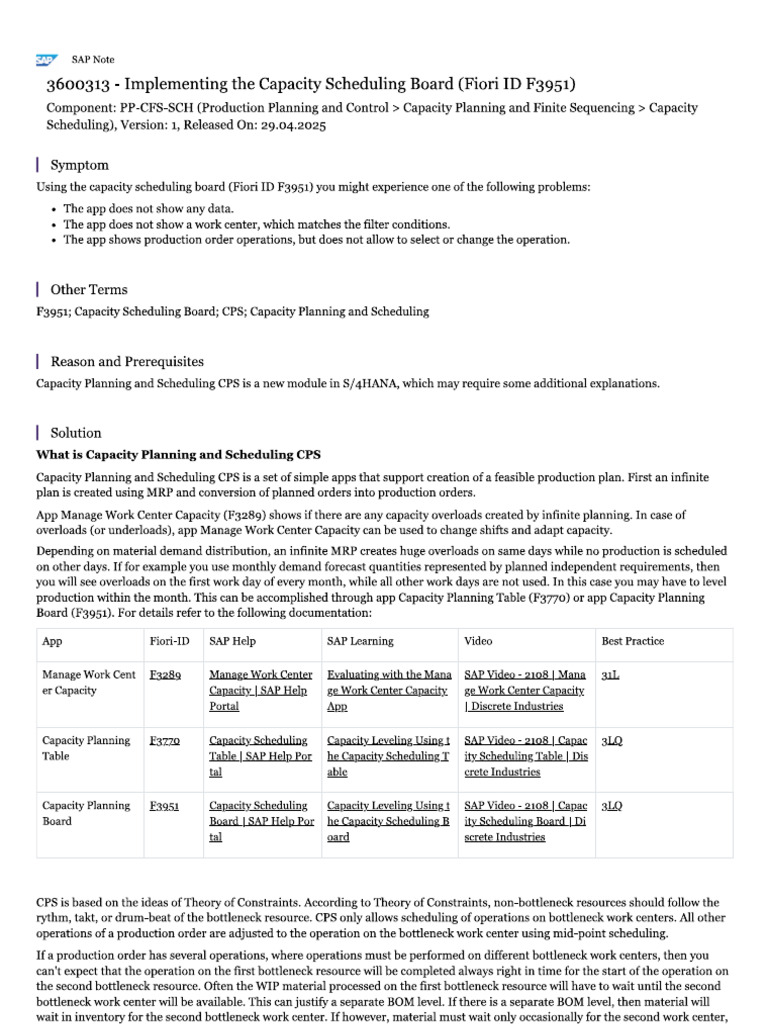 Implementing The Capacity Scheduling Board (Fiori ID F3951) | PDF