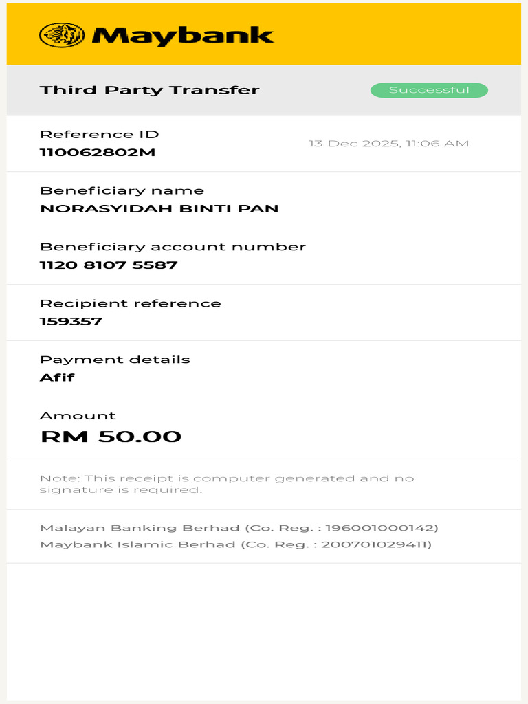 Third Party Transfer Receipt Details | PDF