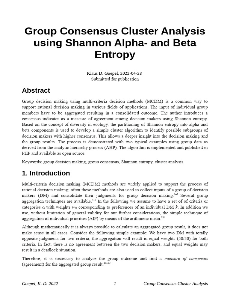 Group Consensus Cluster Analysis Using Shannon Alpha- And Beta Entropy ...