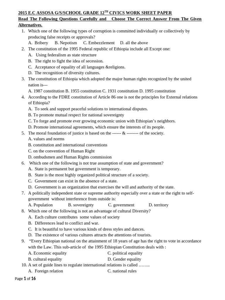 2015 E.c CIVICS Work Sheet | PDF | Truth | Democracy