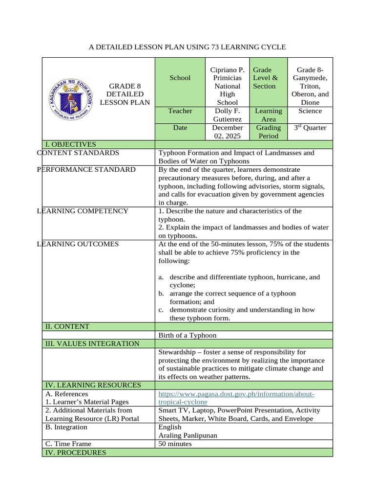 A Detailed Lesson Plan Using 73 Learning Cycle | PDF | Tropical ...