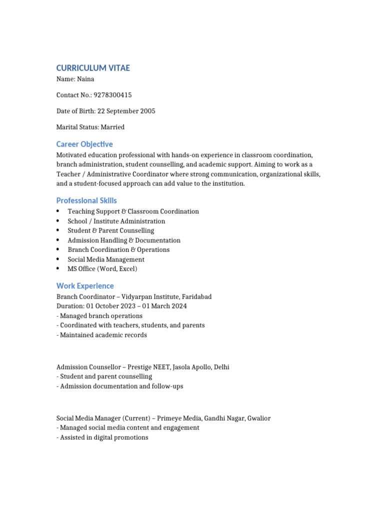 Naina's Professional CV for Education Roles | PDF