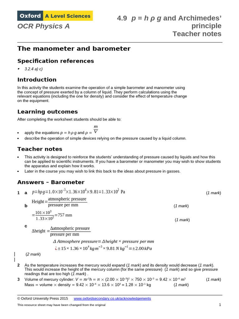 Understanding Pressure in Barometers | PDF | Pressure | Pressure ...