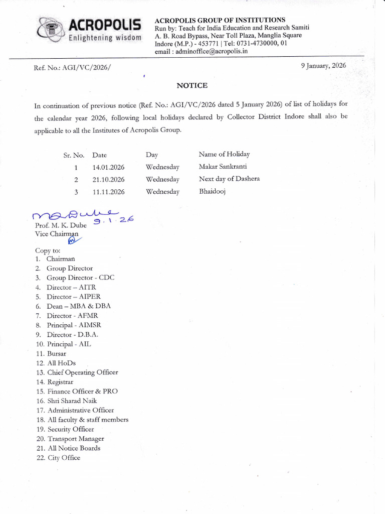 Acropolis Group 2026 Local Holidays Notice | PDF