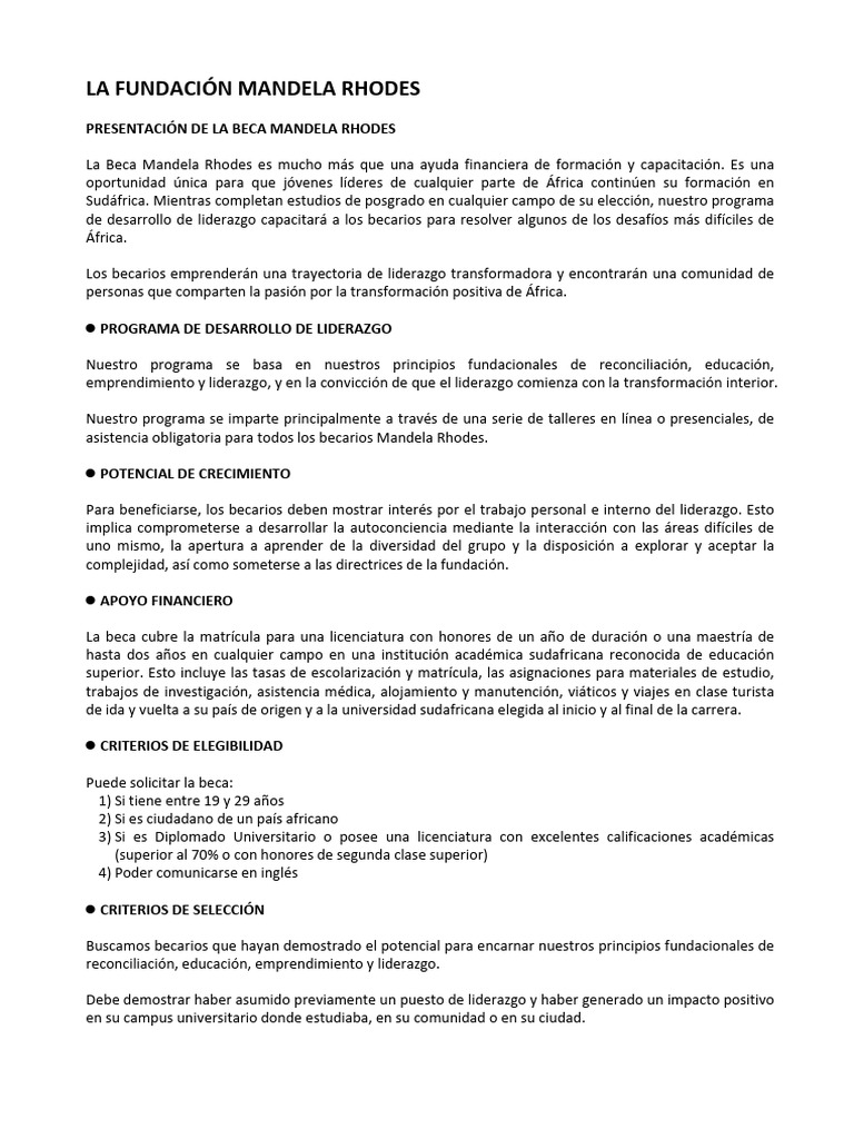 BECA FUNDACIÓN MANDELA RHODES | PDF | Nelson Mandela | Beca