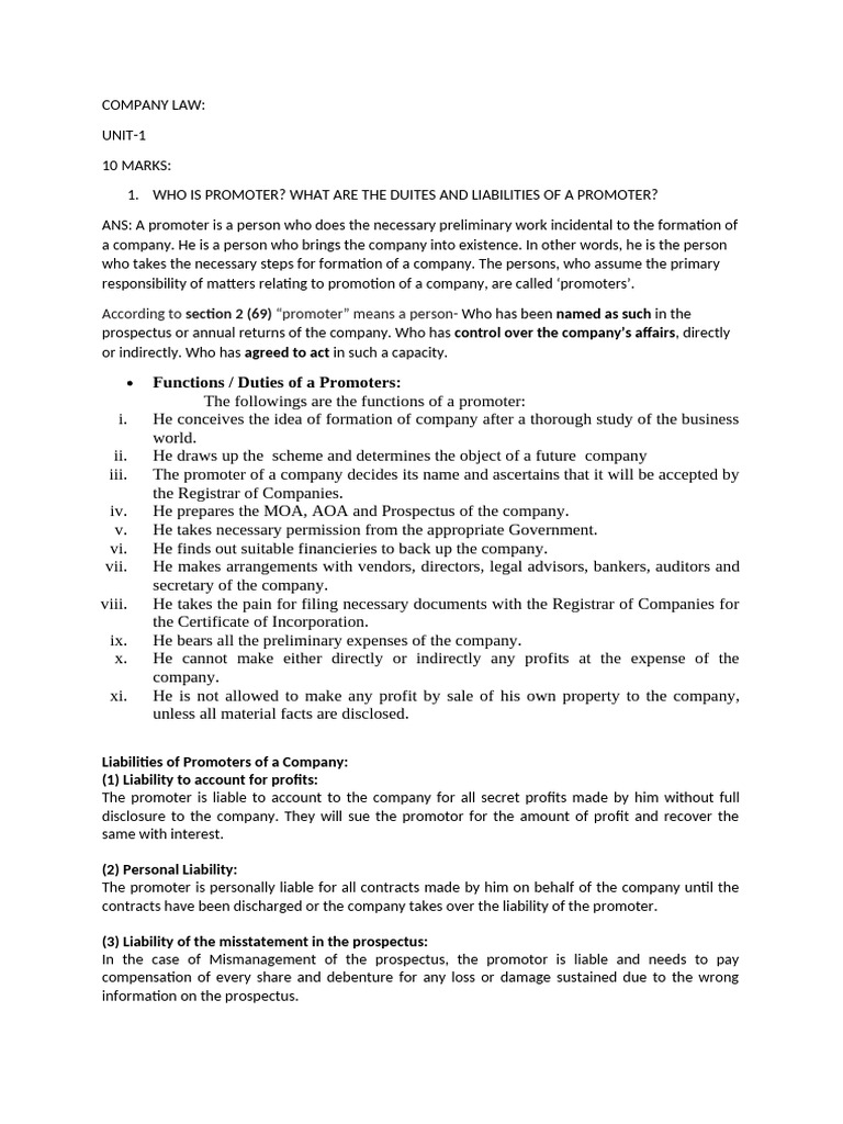 COMPANY LAW [EXAM NOTES] | PDF | Partnership | Misrepresentation