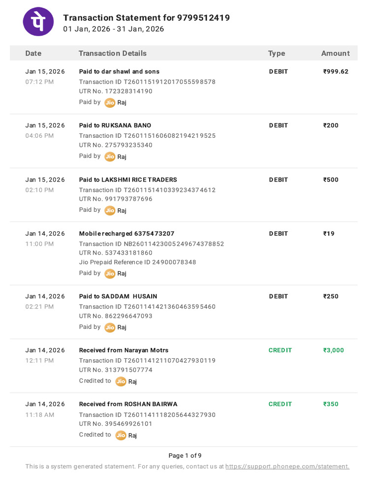 January 2026 Transaction Statement | PDF | Debit Card | Corporations