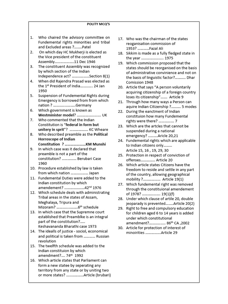 Indian Polity MCQs for Exam Preparation | PDF | Government | Political ...