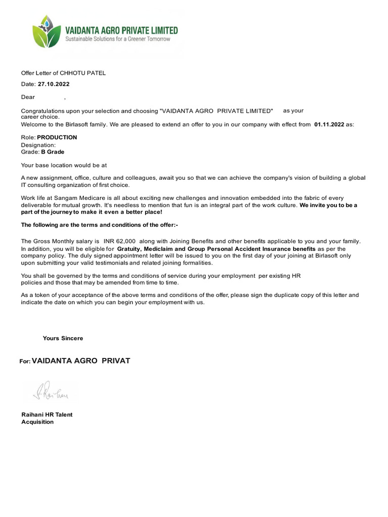 Offer Letter Chhotu | PDF