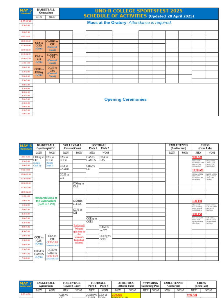 2025 College Sportsfest Schedule of Games Updated 28 April 2025 | PDF ...